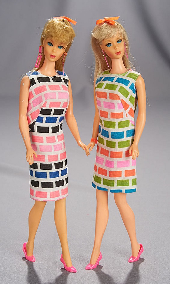 Two Blonde Mod Barbies in Variations of "Print-A-Plenty" Ensemble, 1967