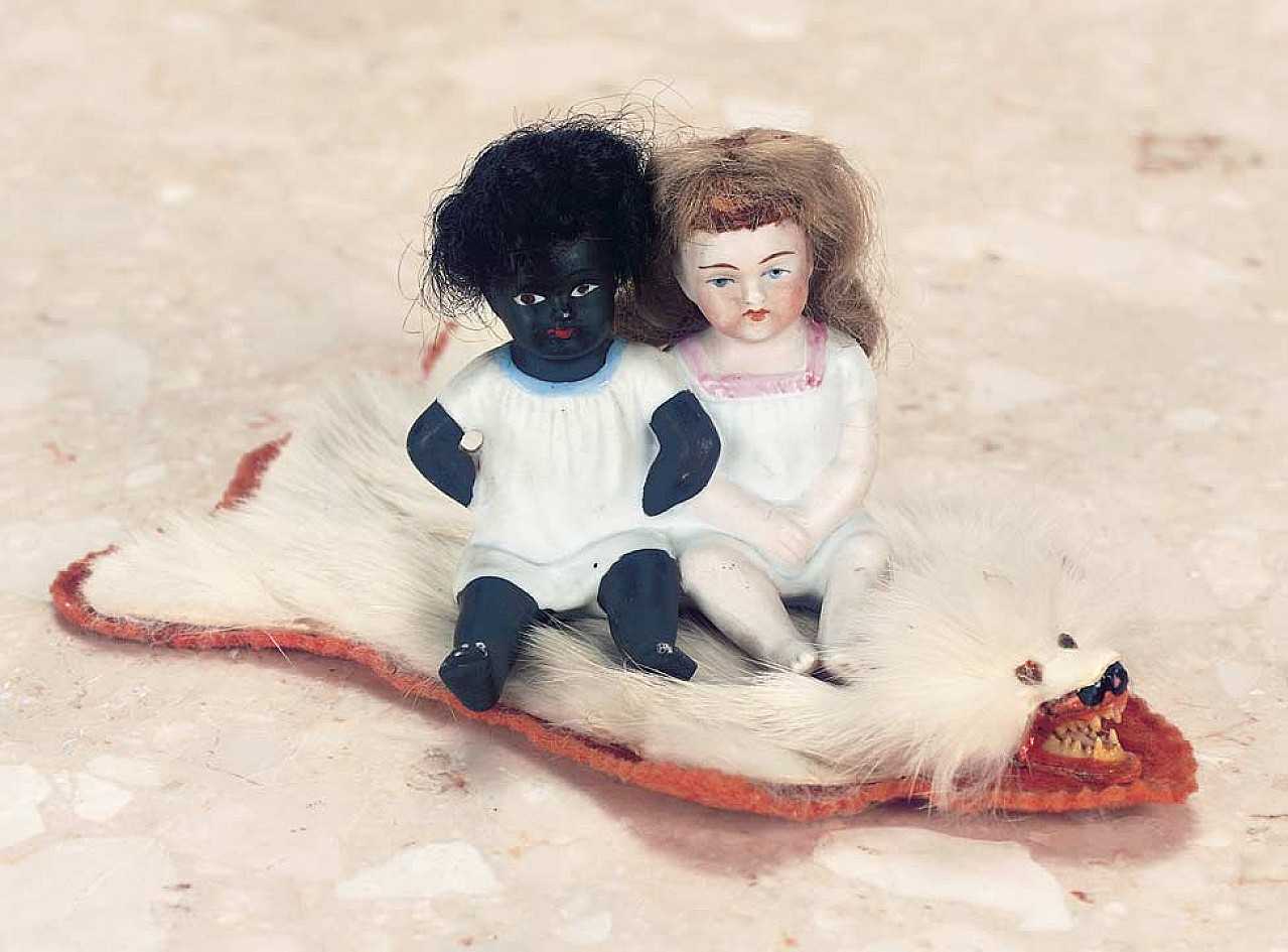Rare German Bisque Figure of Two Children on Bear Rug