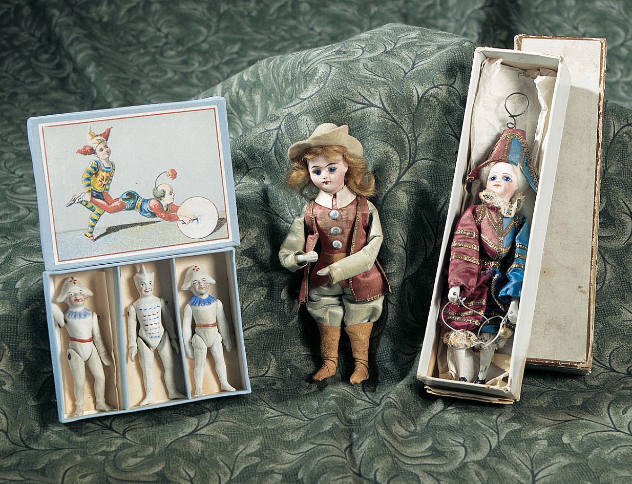 Three All-Bisque Jesters in Original Presentation Box
