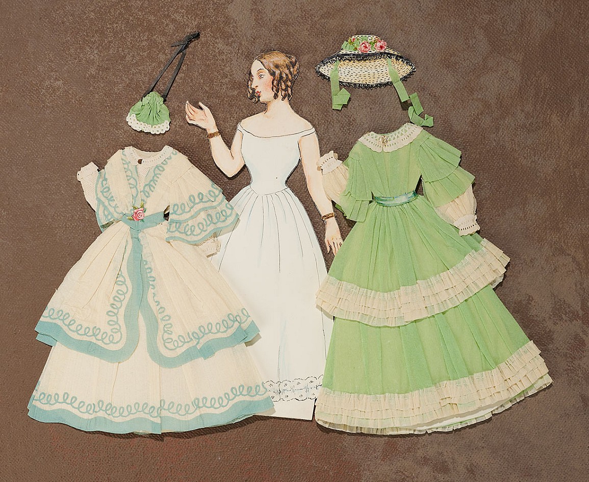 American Hand-Drawn Paper Doll with Two Tissue Costumes