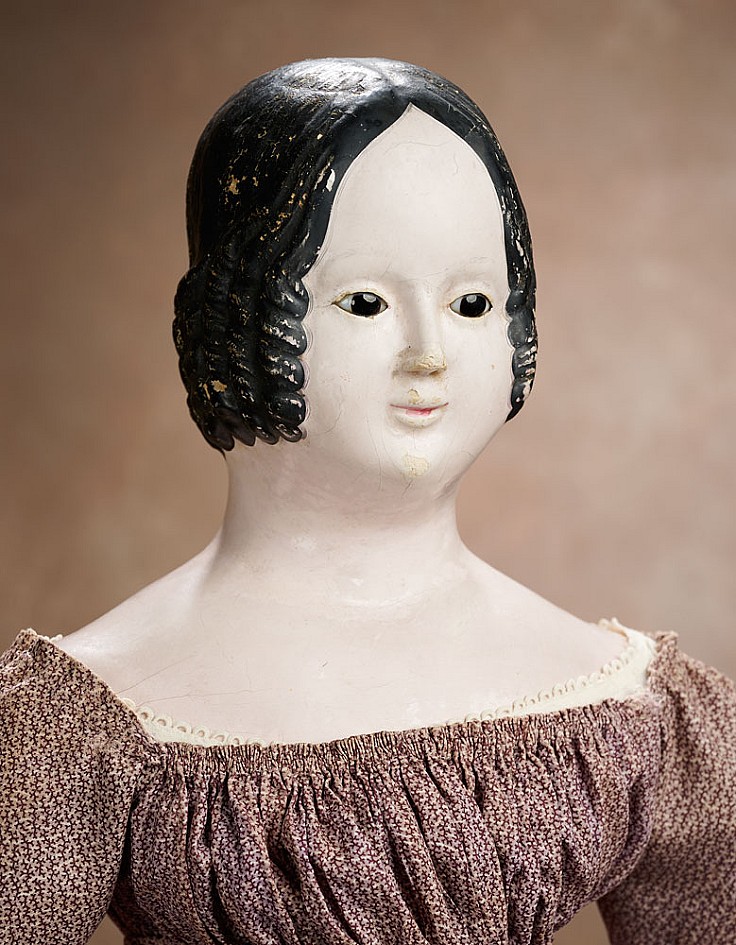 Early German Paper Mache Doll with Unusual Coiffure and Enamel Eyes
