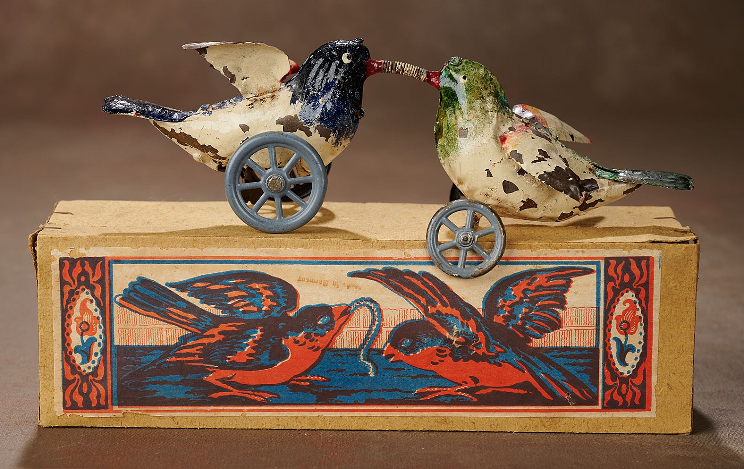 German Mechanical Tin Birds on Wheels in Original Box