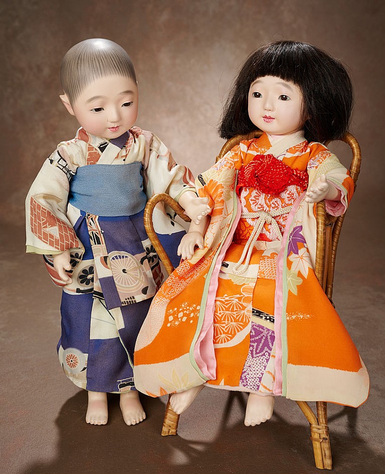 Pair, Japanese Paper Mache Ichimatsu Boy and Girl