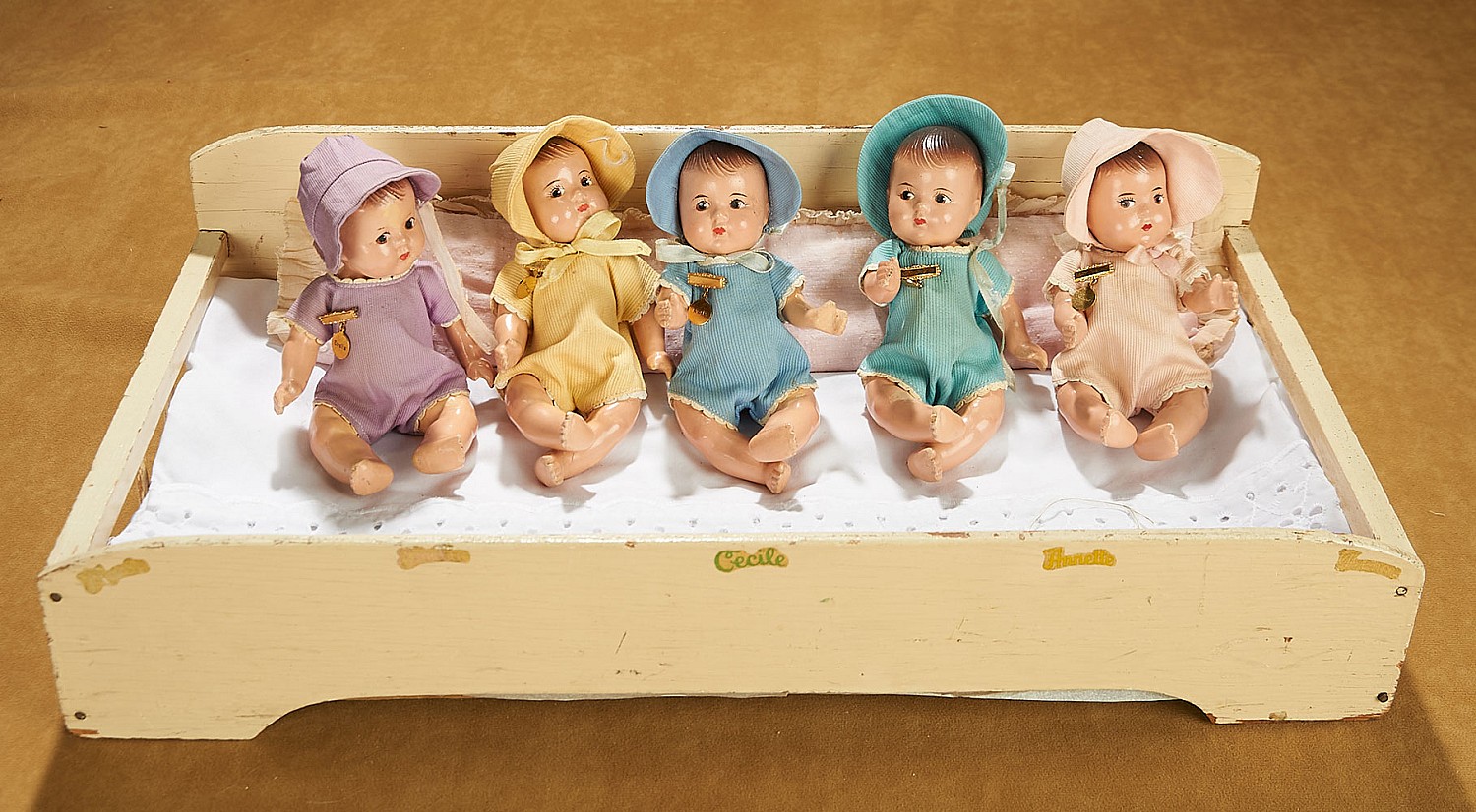 Set, American Composition Dionne Quintuplets in Original Costumes, in Bed