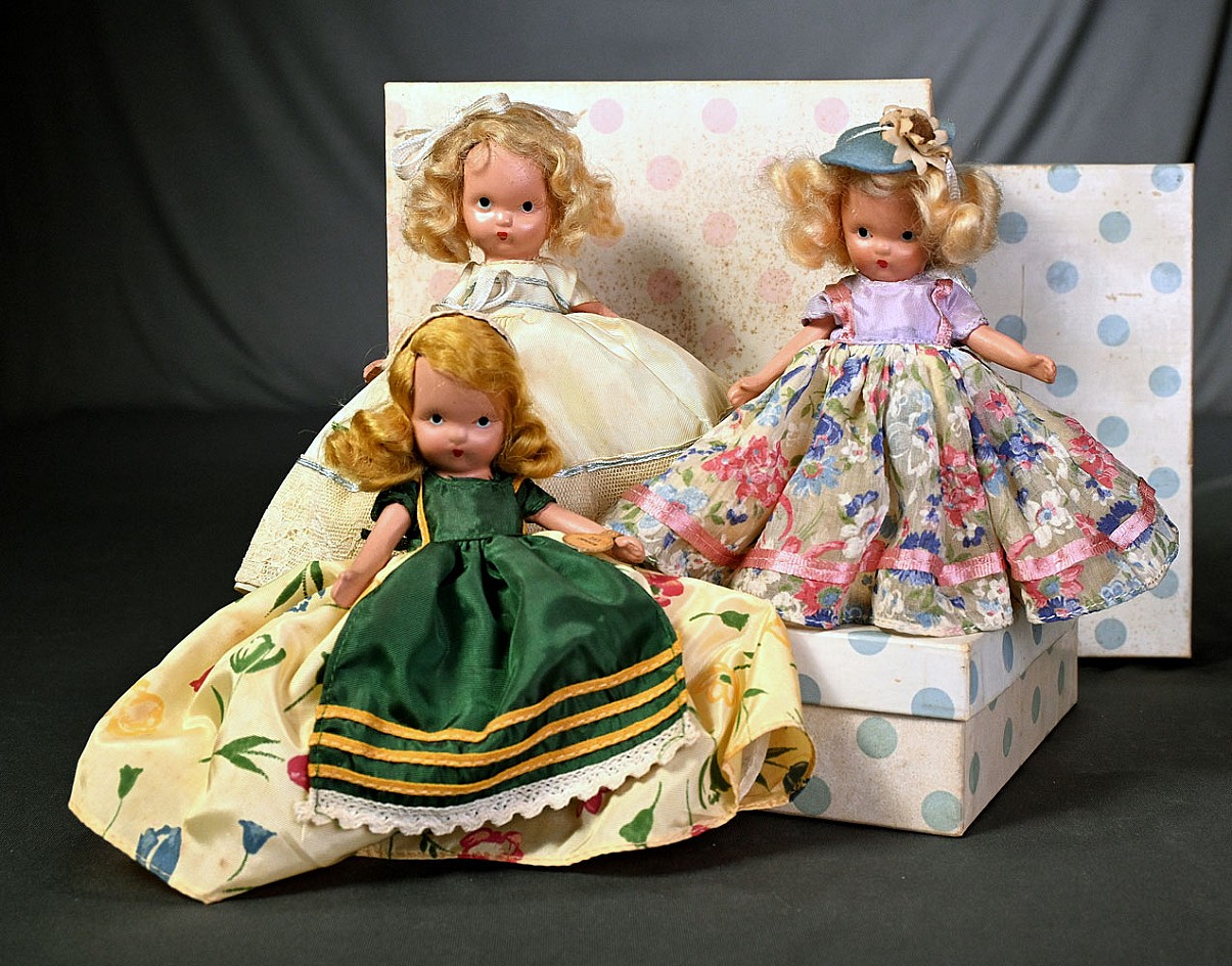 Three 5" Bisque Dolls "Pretty Maid" No. 160, "Jennie Set the Table" No ...