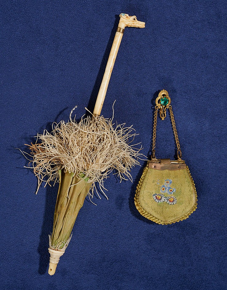 French Parasol with Dog Head Grip and Silk Purse for Poupee