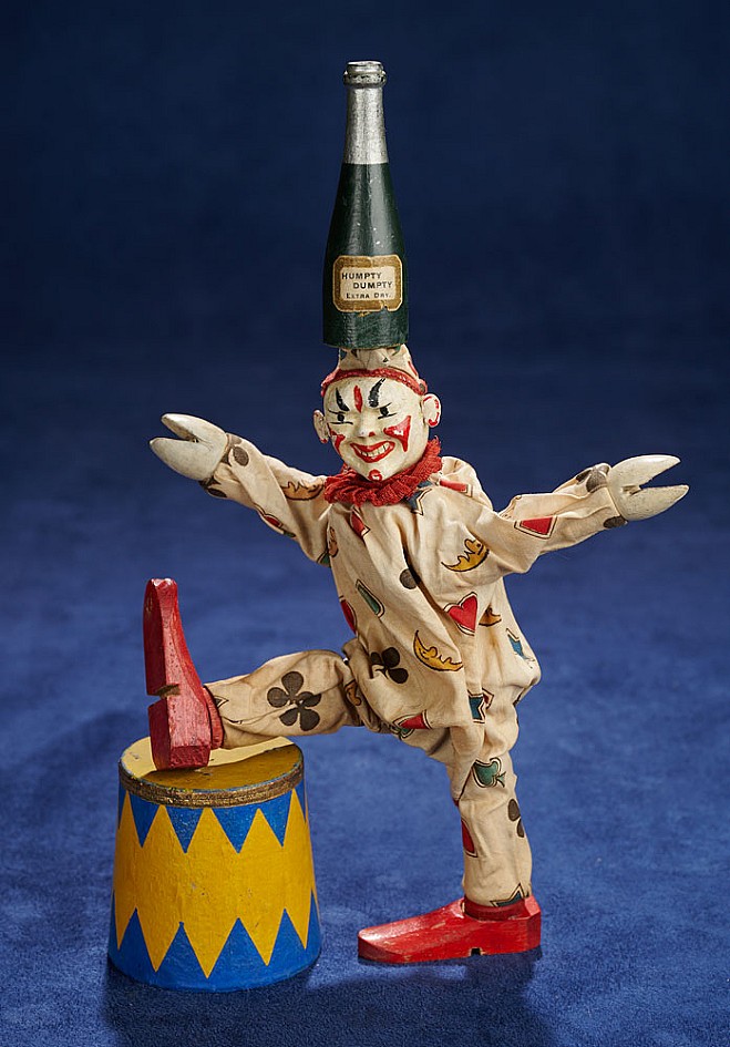 American Wooden Clown with Champagne Bottle and Stool by Schoenhut