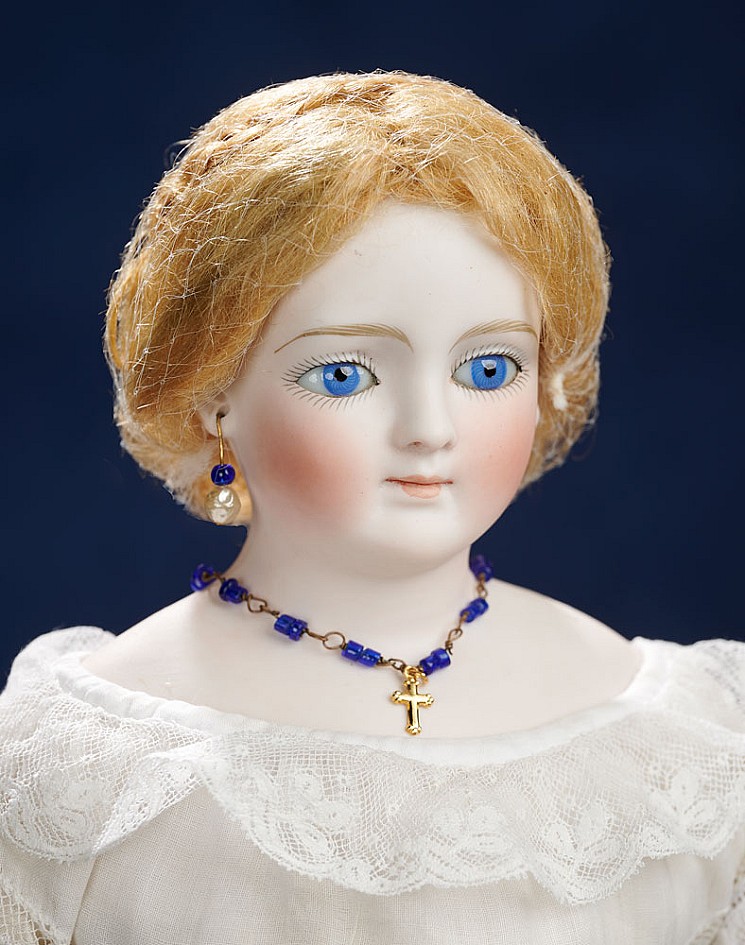 German Bisque Lady Doll with Blue Glass Eyes and Wig