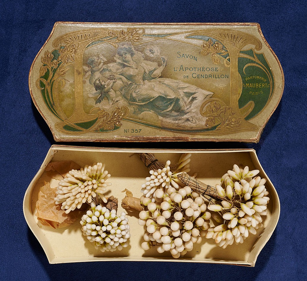 Antique Lithographed Box with Wax Orange Blossoms