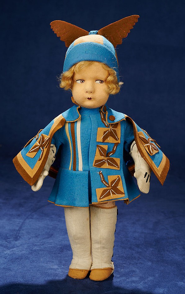 Italian Felt Doll in Unusual Aviation-Themed Ensemble by Alma