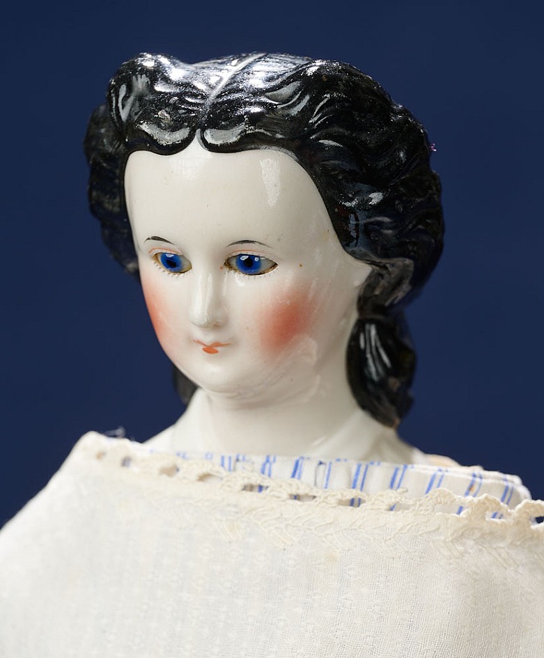 German Porcelain Lady Doll with Blue Glass Inset Eyes