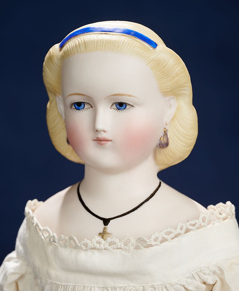 German Bisque Lady Doll with Sculpted Hair and Jewelry