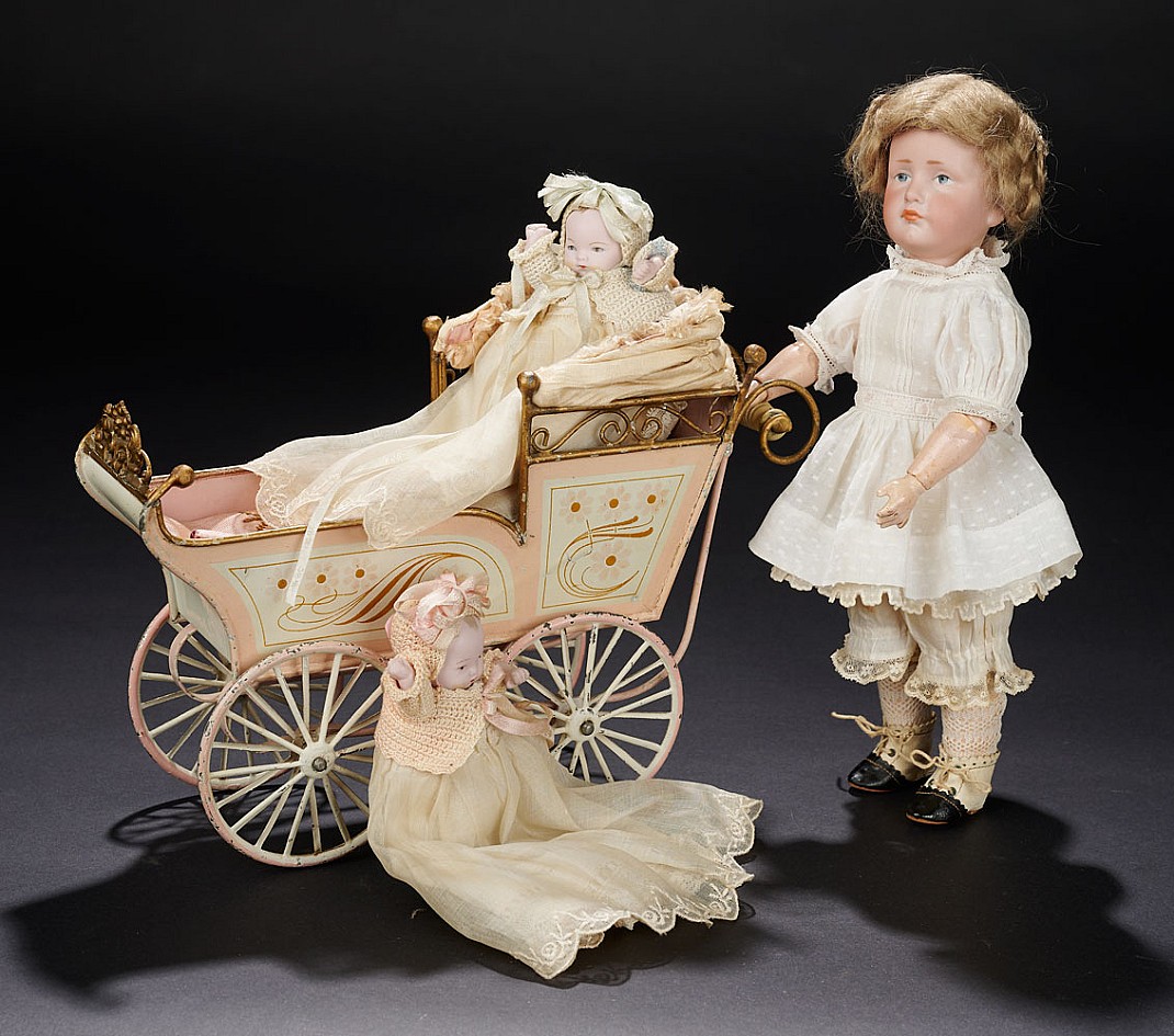 Pair, German All-Bisque Babies by Hertwig in Matching Ensembles