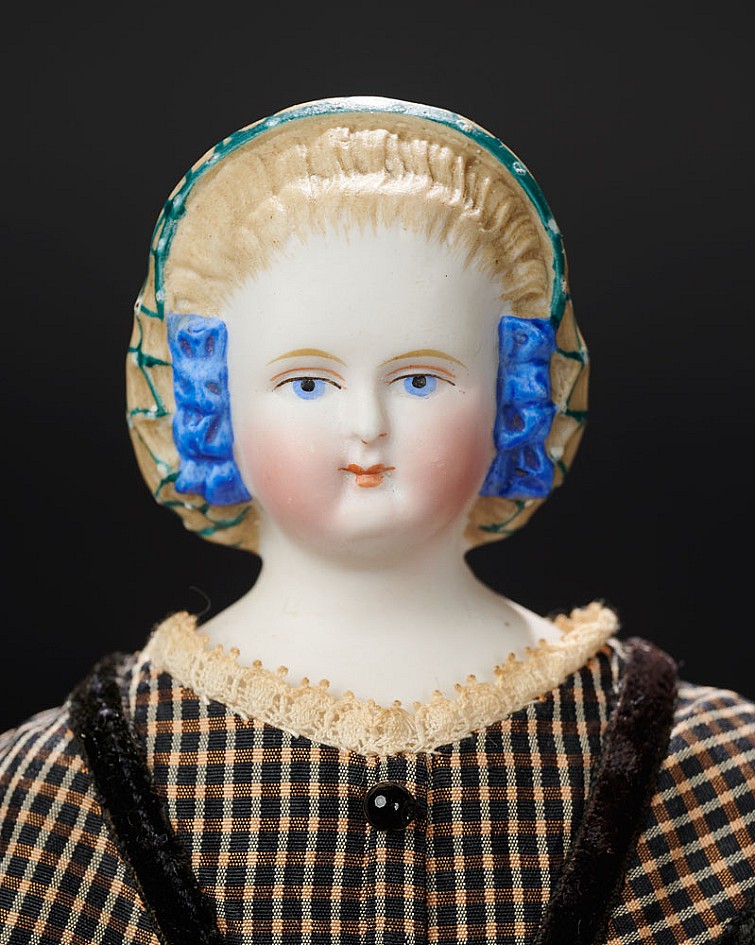 Petite German Bisque Lady Doll with Blue Painted Snood and Ribbons