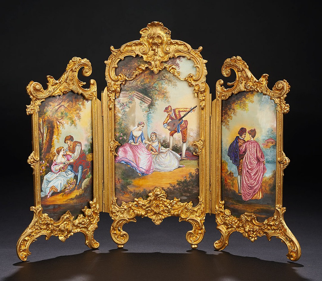 Viennese Three-Panel Folding Enamel Screen with Watteau Style Scenes in ...