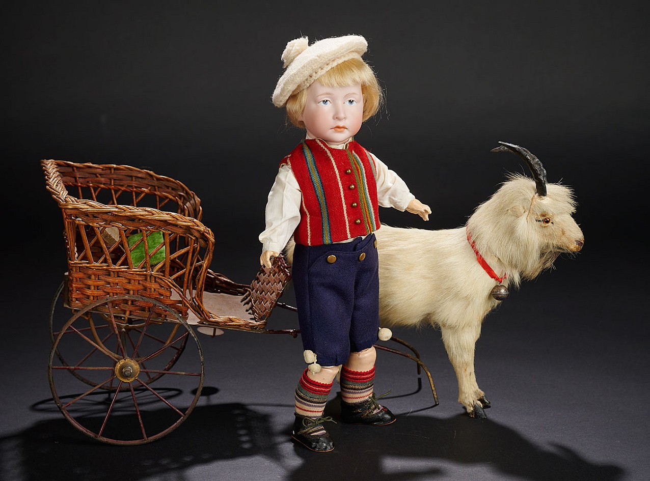 French Toy Goat and Wicker Cart