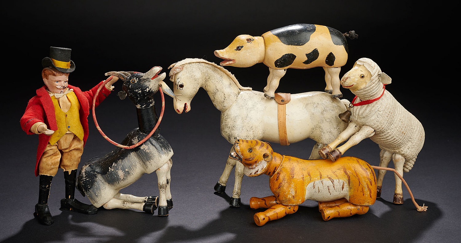 American Wooden Ringmaster and Five Circus Animals by Schoenhut