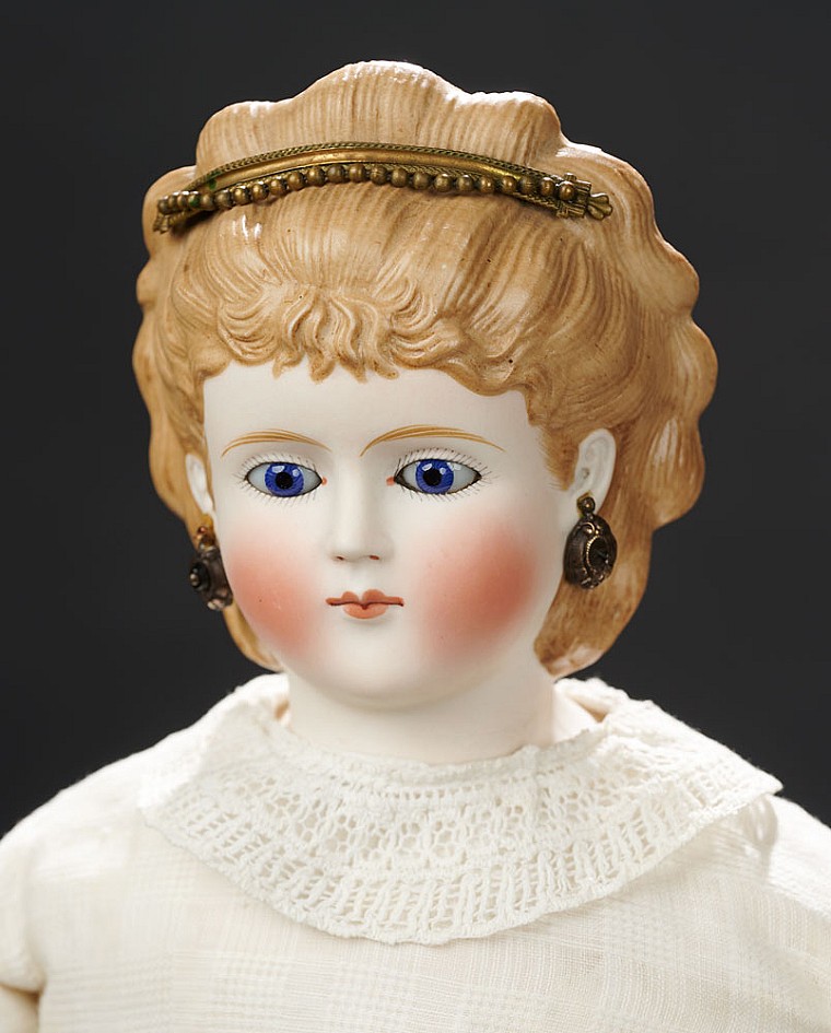 German Bisque Lady with Sculpted Brown Hair and Glass Eyes