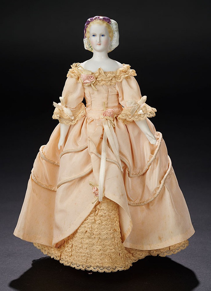 German Bisque Lady Doll with Sculpted Snood and Lustre Plume