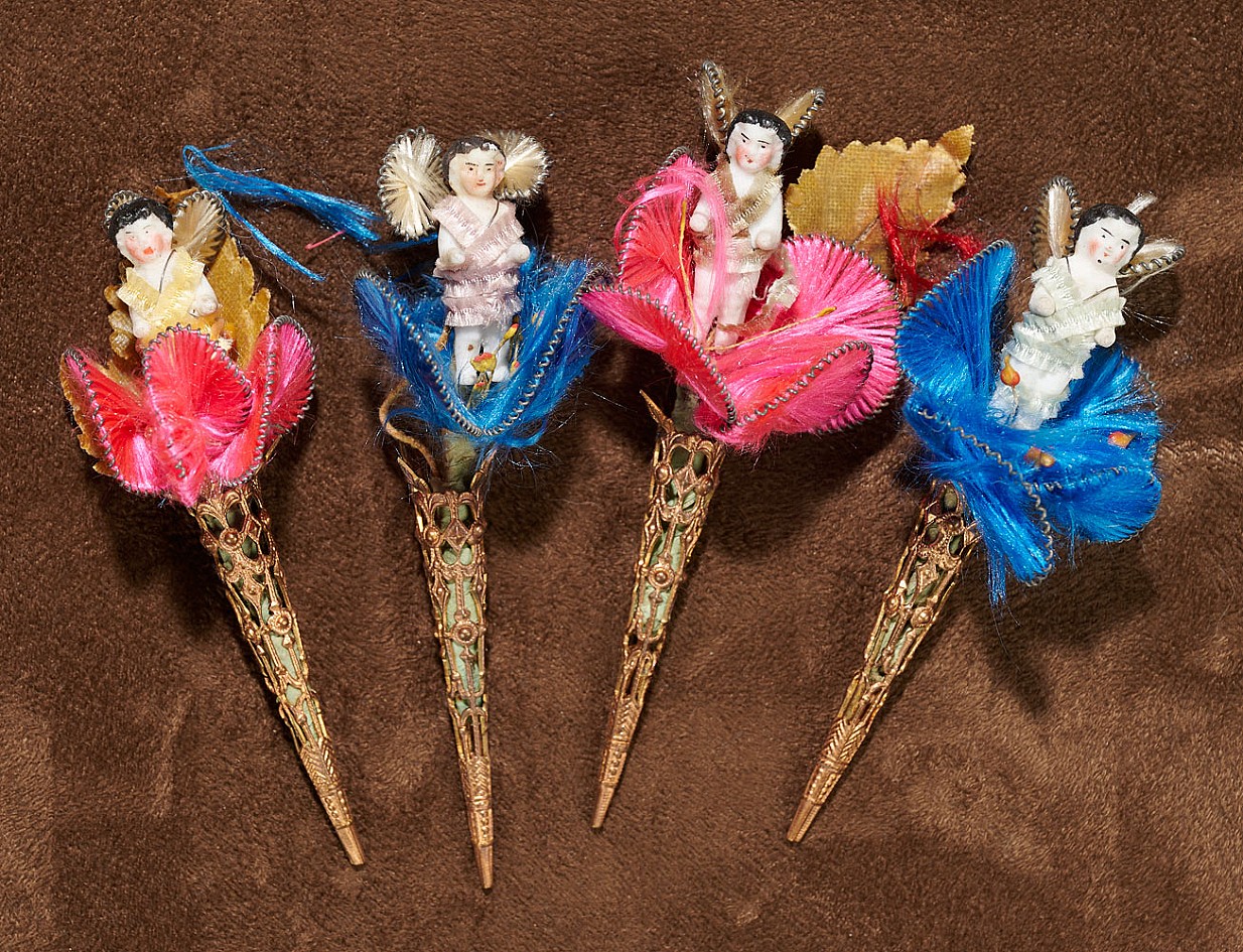 Four Rare Victorian Gilt Tussy-Mussies with Emerging Dolls in Flowers