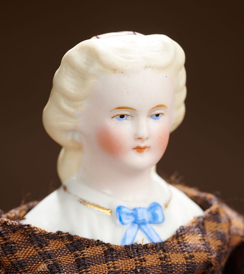 German Bisque Miniature Doll with Sculpted Hair, Snood and Bodice