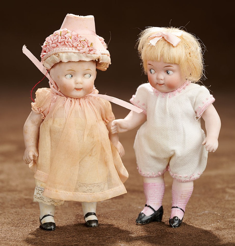 Pair, German All-Bisque Miniature Googly Dolls Gazing at Each Other