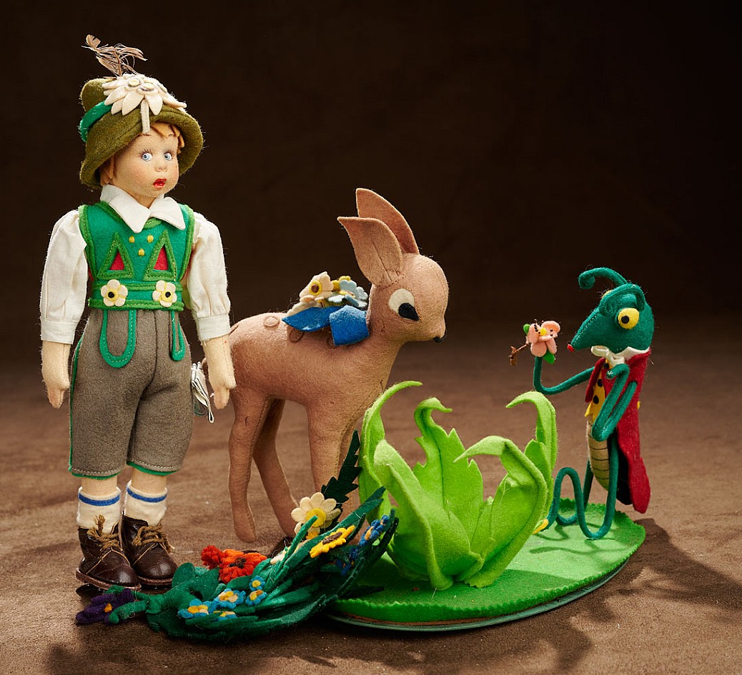 Italian Felt Miniature Boy with Cricket, Deer and Accessories by Lenci