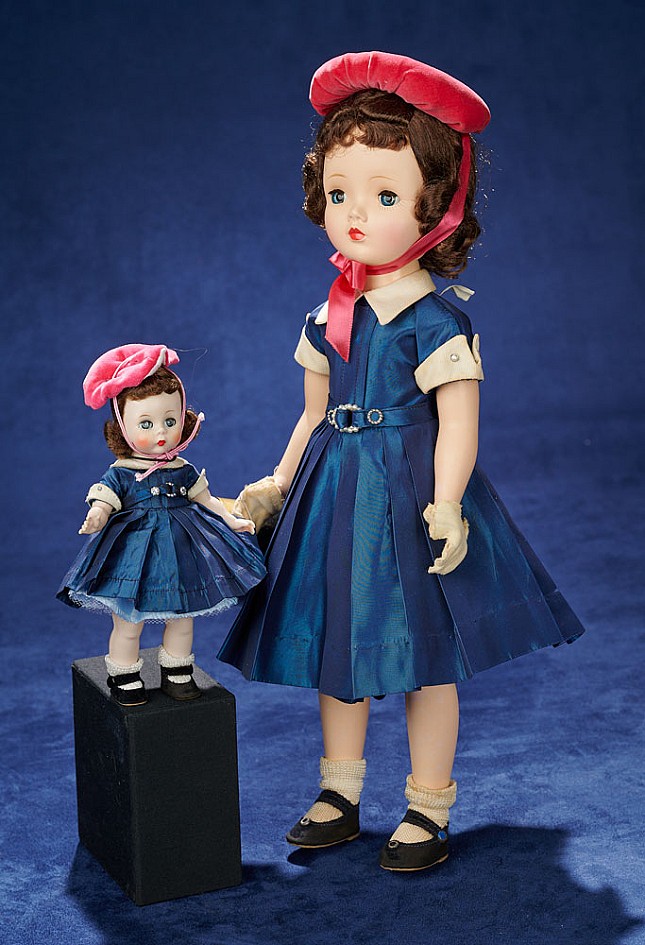 "Winsome Binnie Walker" in Iridescent Navy Blue Dress and Fuchsia Puff Hat