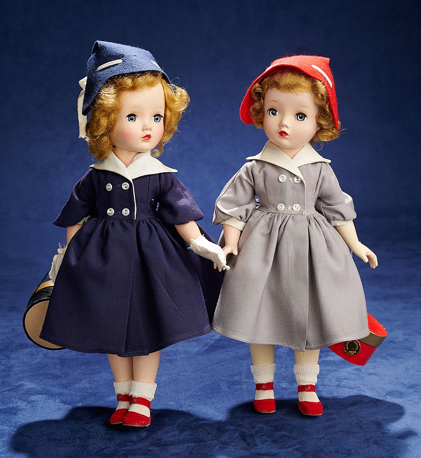 Binnie Walker in Grey Ensemble with Felt Cap and Red Taffeta Dress