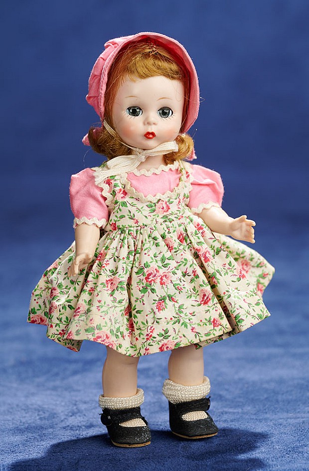 Wendy-Kins in Pink Cotton Romper Suit and Bonnet with Pinafore