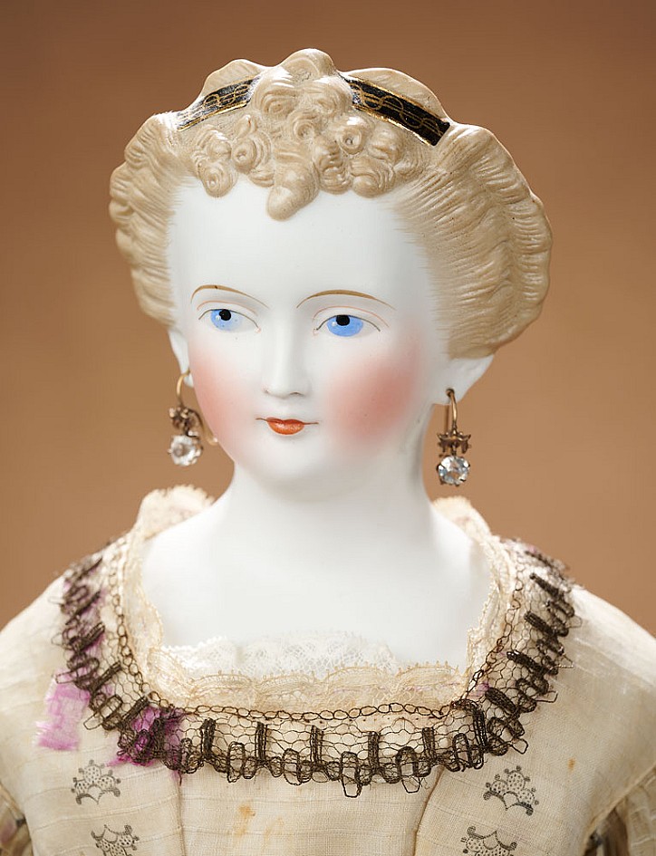 German Bisque Lady with Brown Sculpted Hair and Decorative Hair Combs