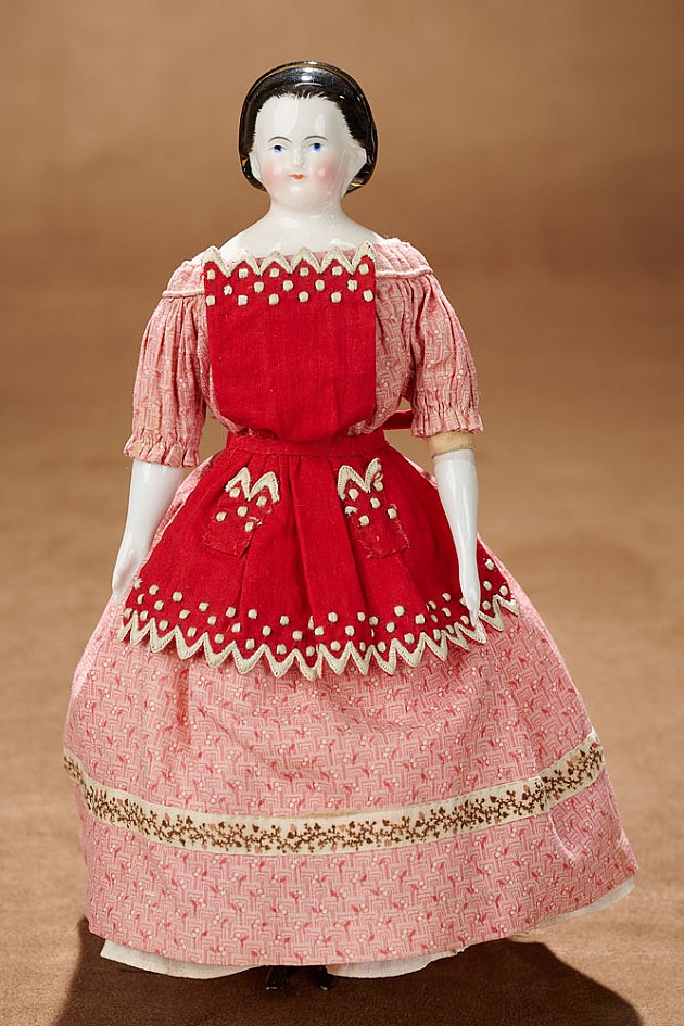 German Porcelain Doll with Black Hair and Gold Snood