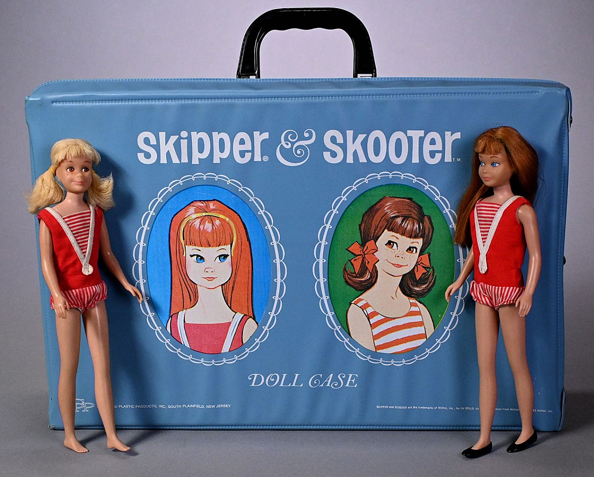 1965 Skipper & Skooter Dolls with Case Full of Original Costumes