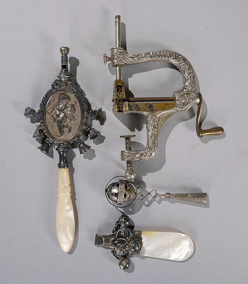 Victorian Silvered Baby Rattles and Table Clamp