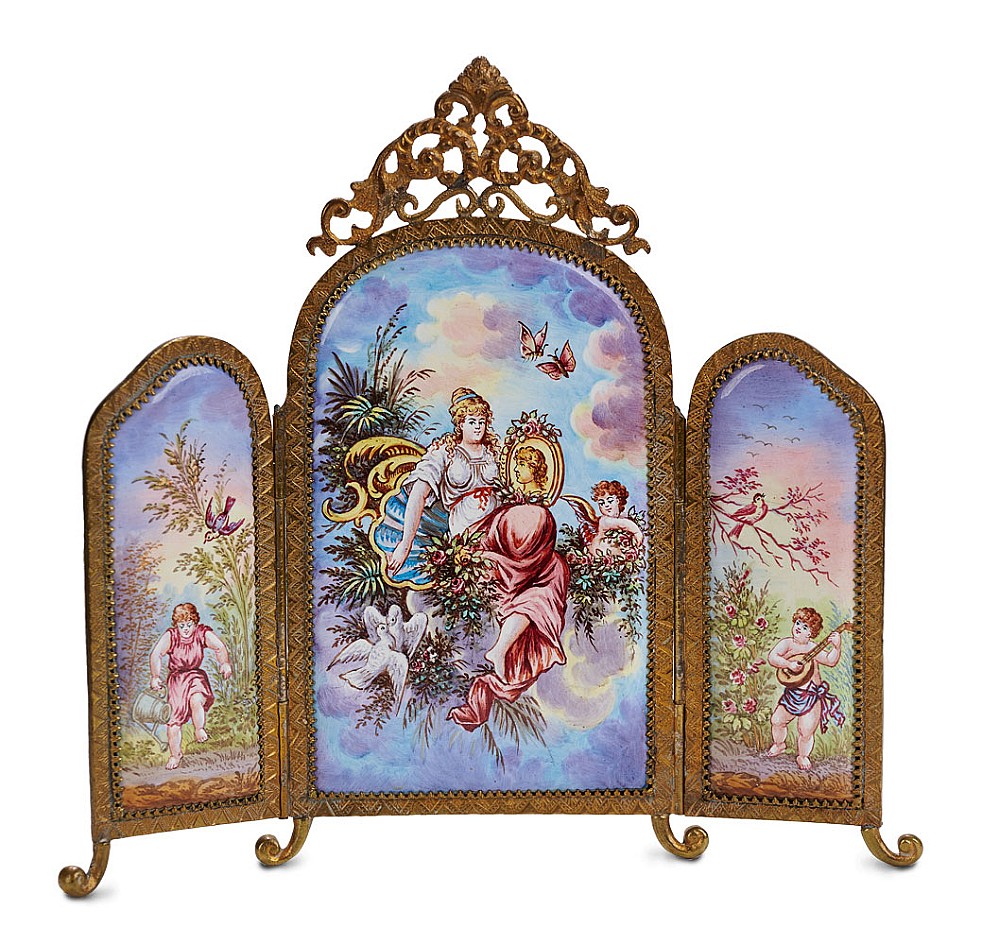 Viennese Miniature Triptych Paneled Screen with Enamel Painted Scenes