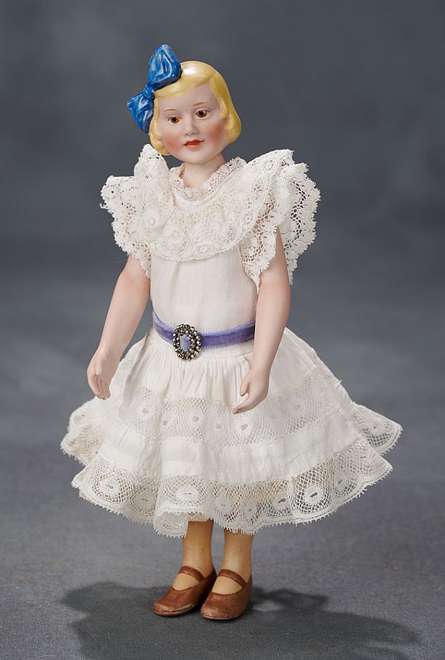 Rare German All-Bisque Blue Bow Flapper Doll with Igodi Articulation
